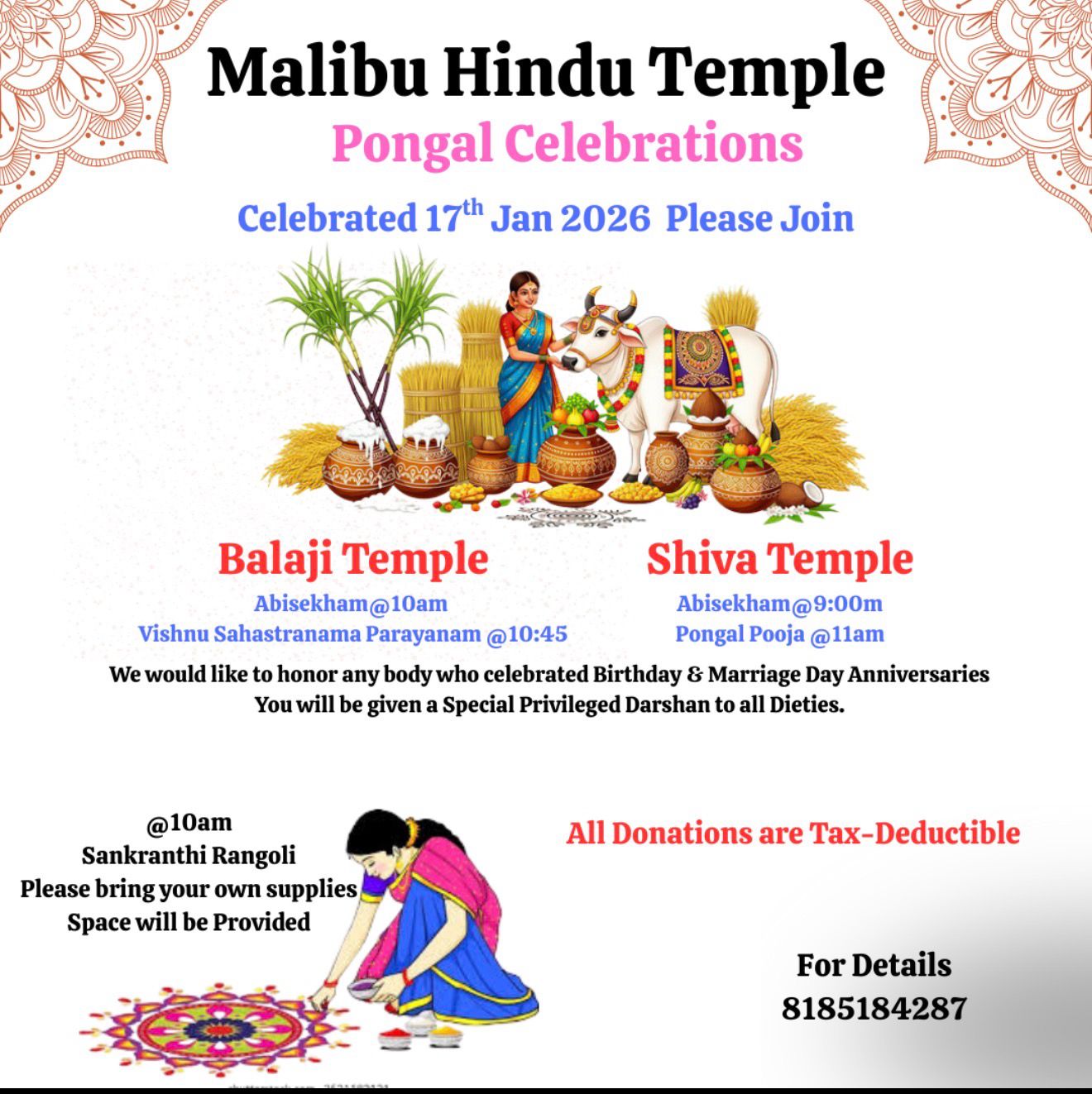Pongal Celebrations Celebrated (17th Jan 2026) – Malibu Hindu Temple
